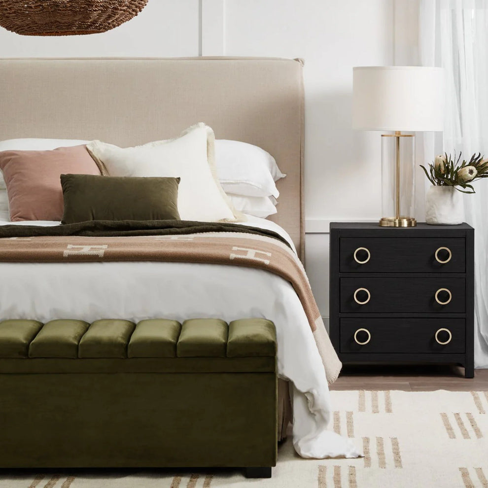 Astley Upholstered Linen Bedside Table - Charcoal – Alfresco Collective